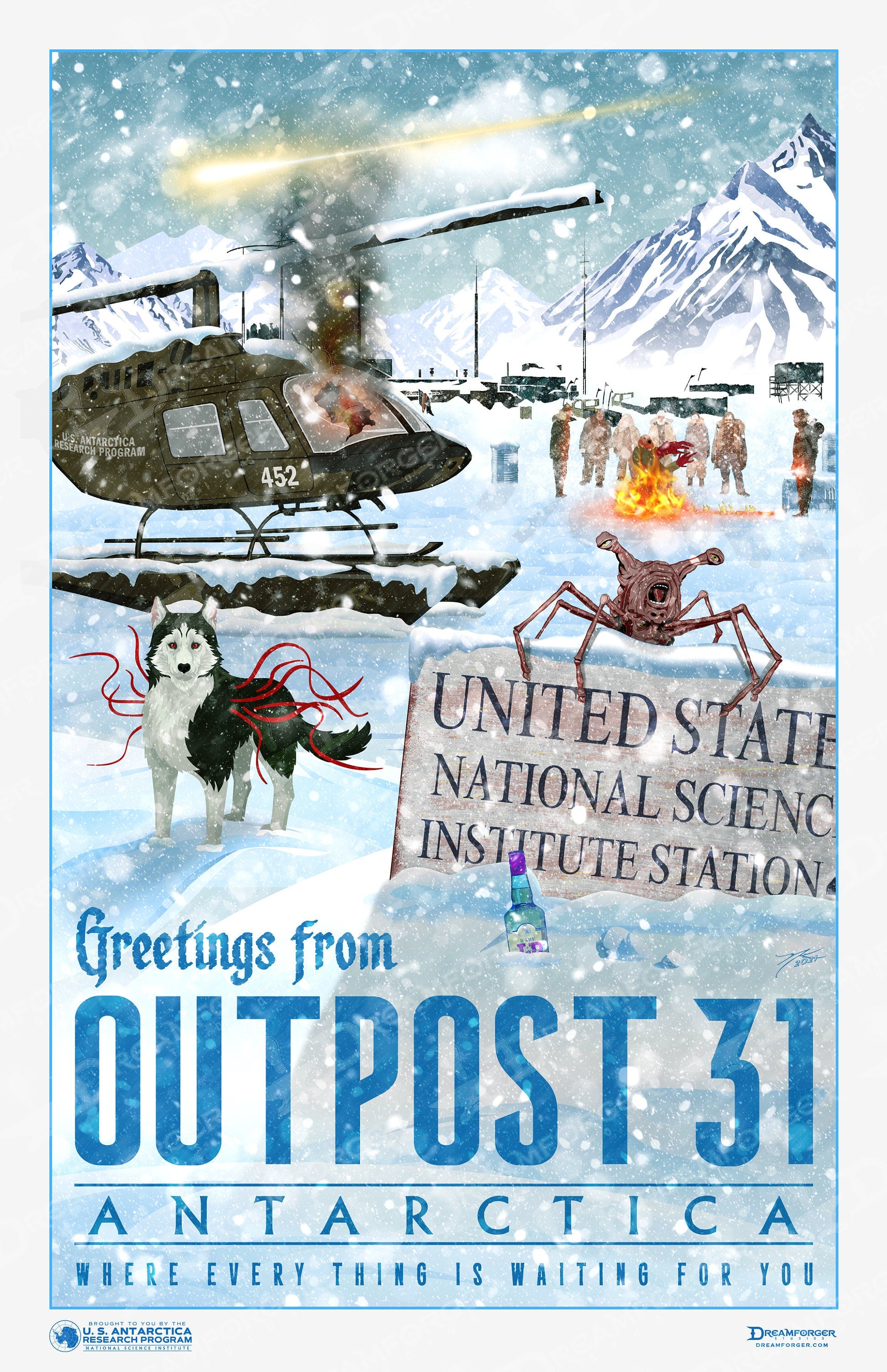 "Greetings from Outpost 31 Antarctica" Travel Poster – Dreamforger Studios